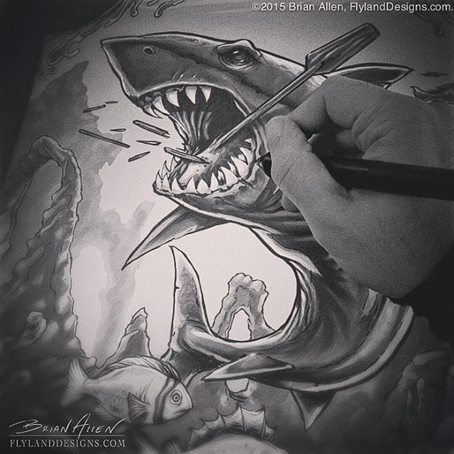 Drawing an angry shark for a dye-sublimated rash guard. - Flyland ...